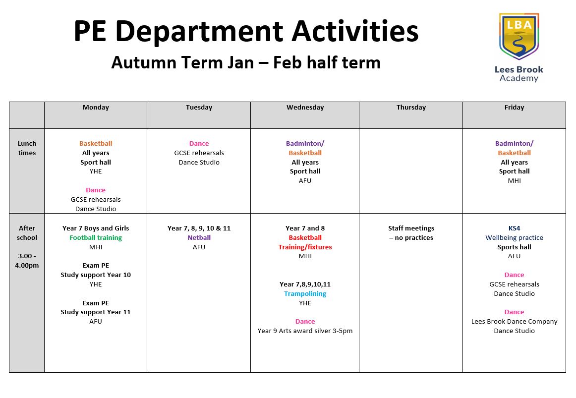 Extra Curricular Timetables - Lees Brook Academy